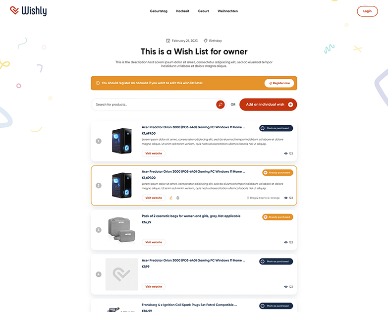 Online wishlist - Create now without registration